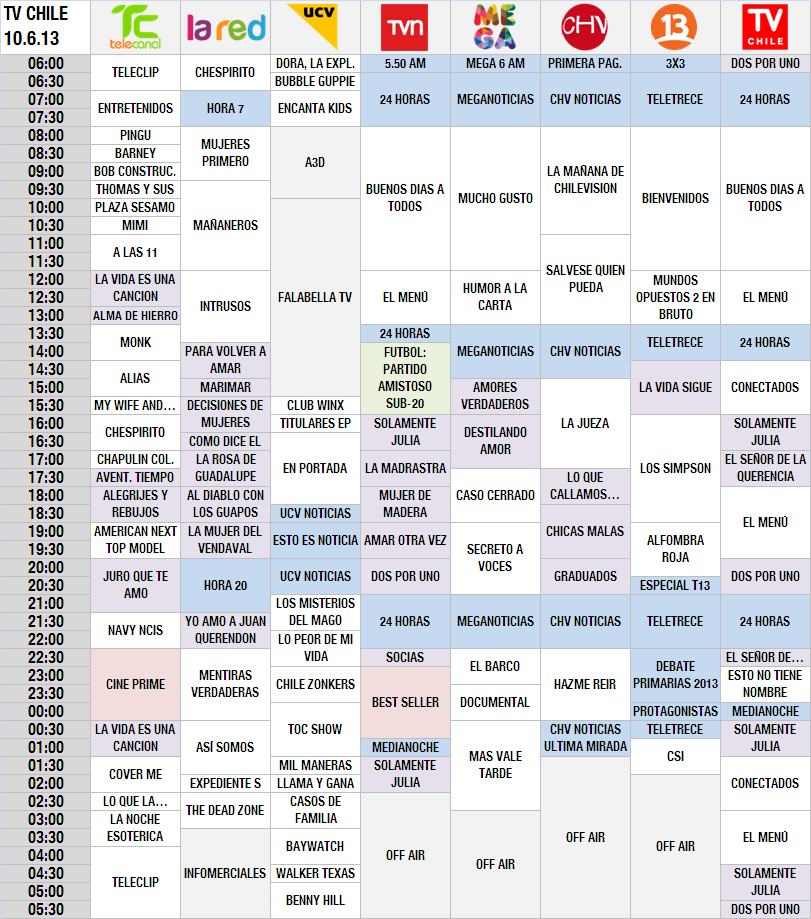 Parrilla de Programación - TV de Chile - Lunes 10/06/2013 - Televisión ...