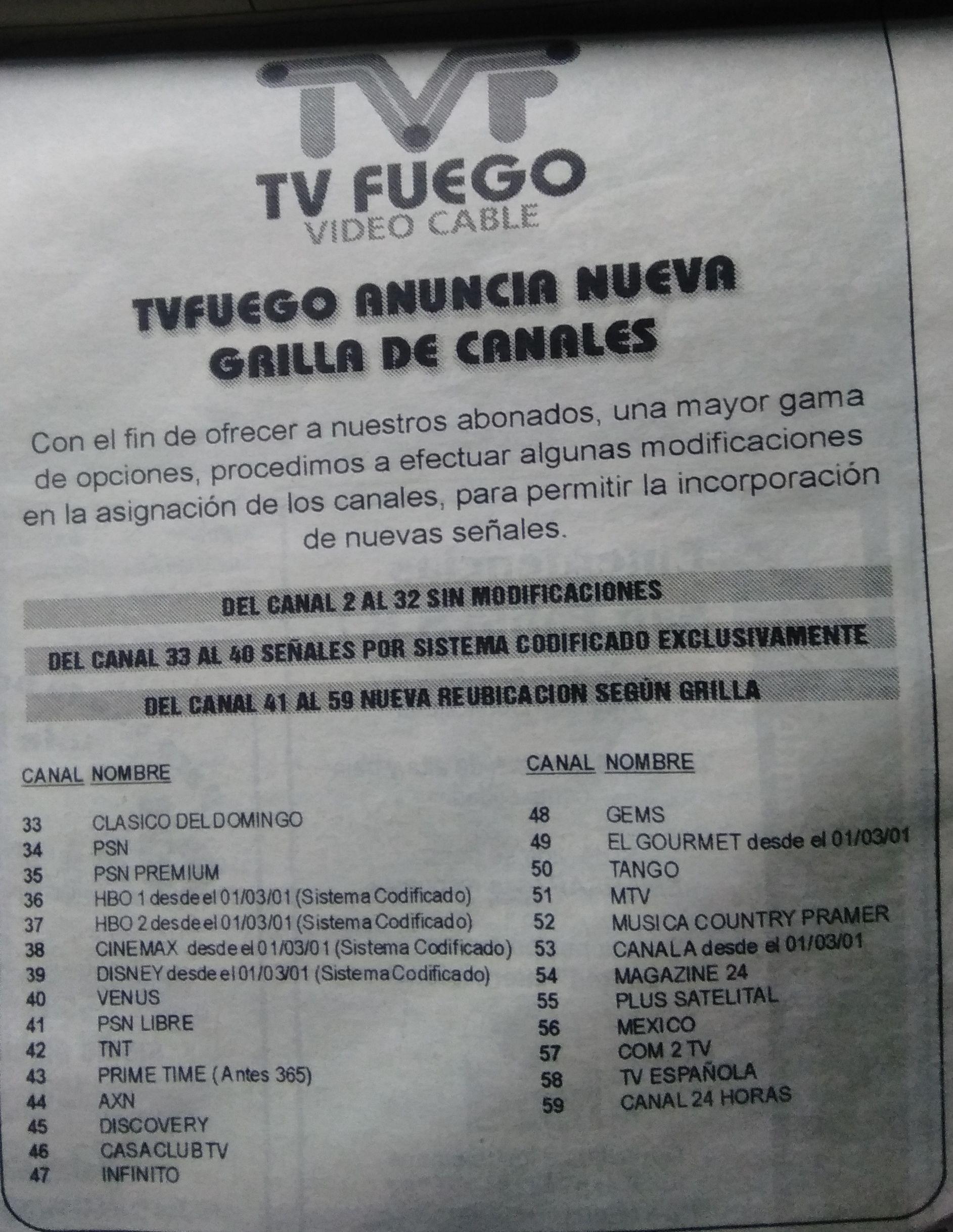 Publicidad Grafica de TV Fuego (Rio Grande, Tierra del Fuego) - Marzo de 2001 - Televisión ...